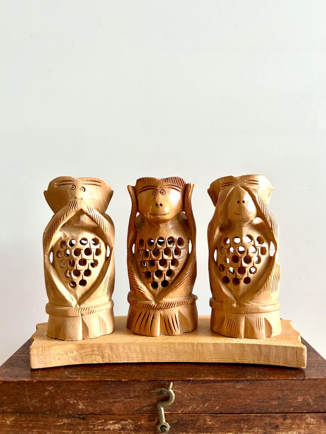 Vintage Handcaved Wooden Monkey Figurines With Baby Inside/ Lace Wood ...