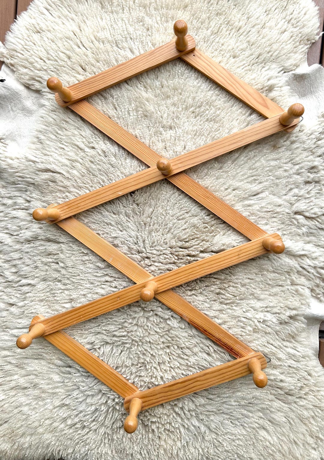 Vintage Wooden Accordion Peg Rack / 18” Large Heavy Solid Wood Wall ...