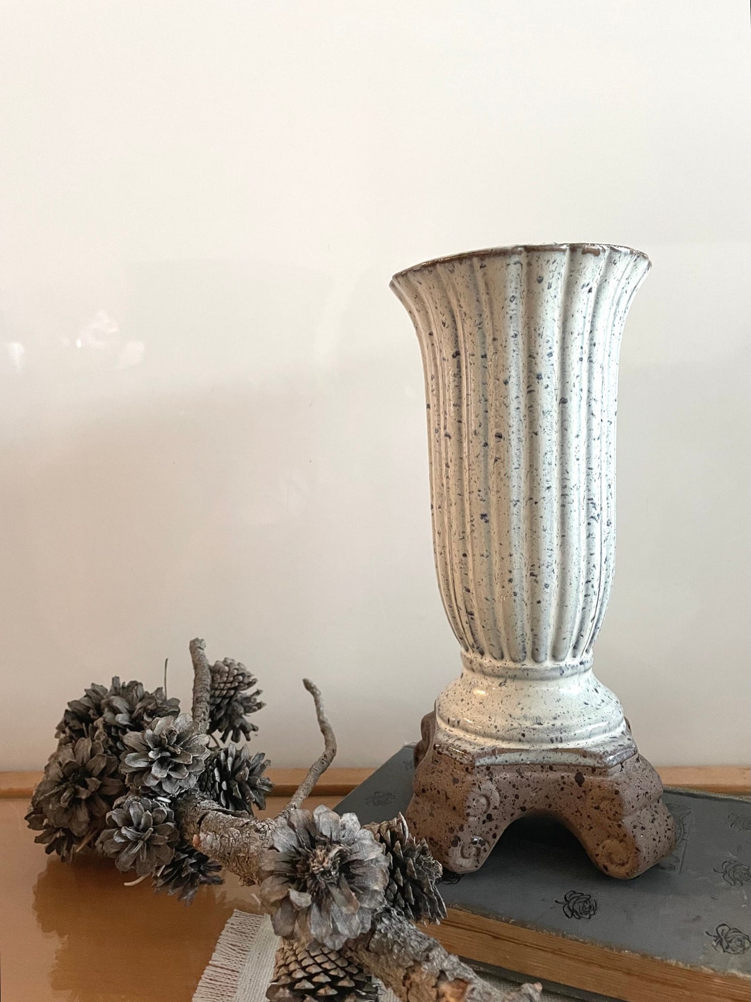 Vintage Ceramic Column Speckled Flower Vase/unique Ribbed Pedestal ...