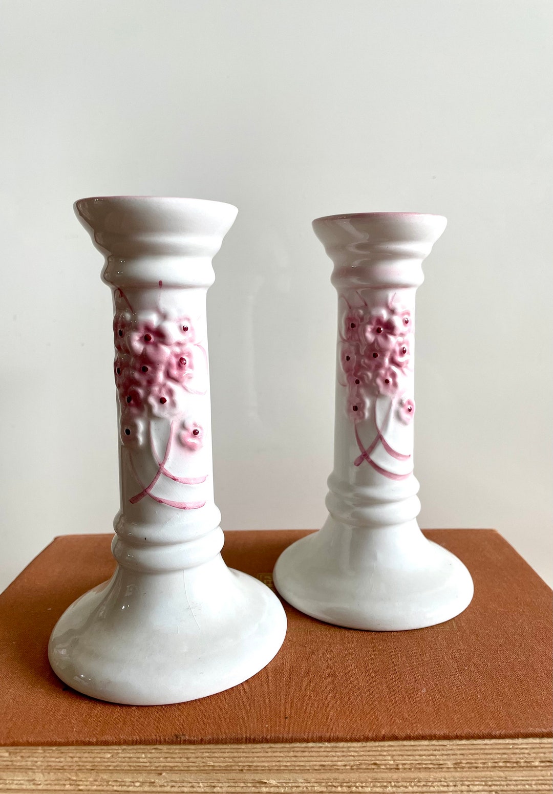 Vintage Alcobaça Portugal Porcelain Candleholder Pair White Ceramic ...