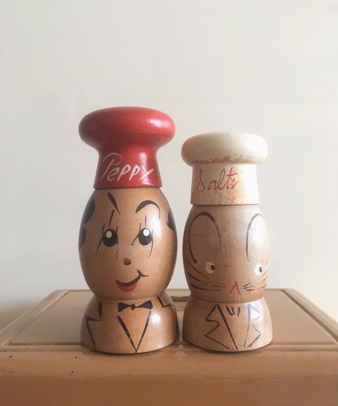 Vintage Wooden Salt and Pepper Shakers/mcm Made in Japan Salty and ...
