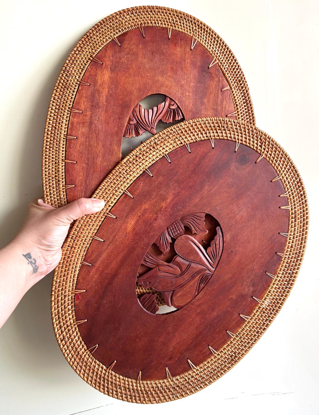 Vintage Handcarved Wooden Placemats With Woven Rim/set of 2 Wooden ...