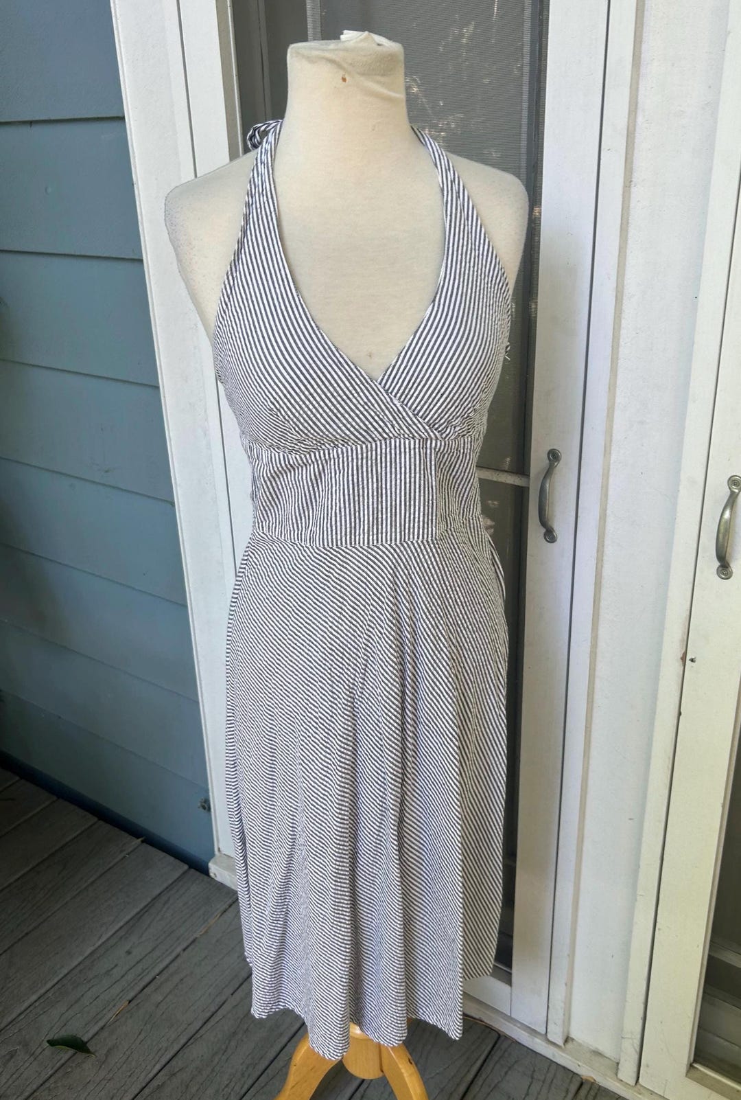 Vintage Halter Neck Striped Midi Dress | Nautical Chic Boat Style ...