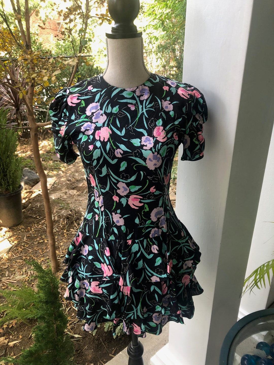 1980's Maggi London Silk Black With Pink, Purple and Green Floral Print ...