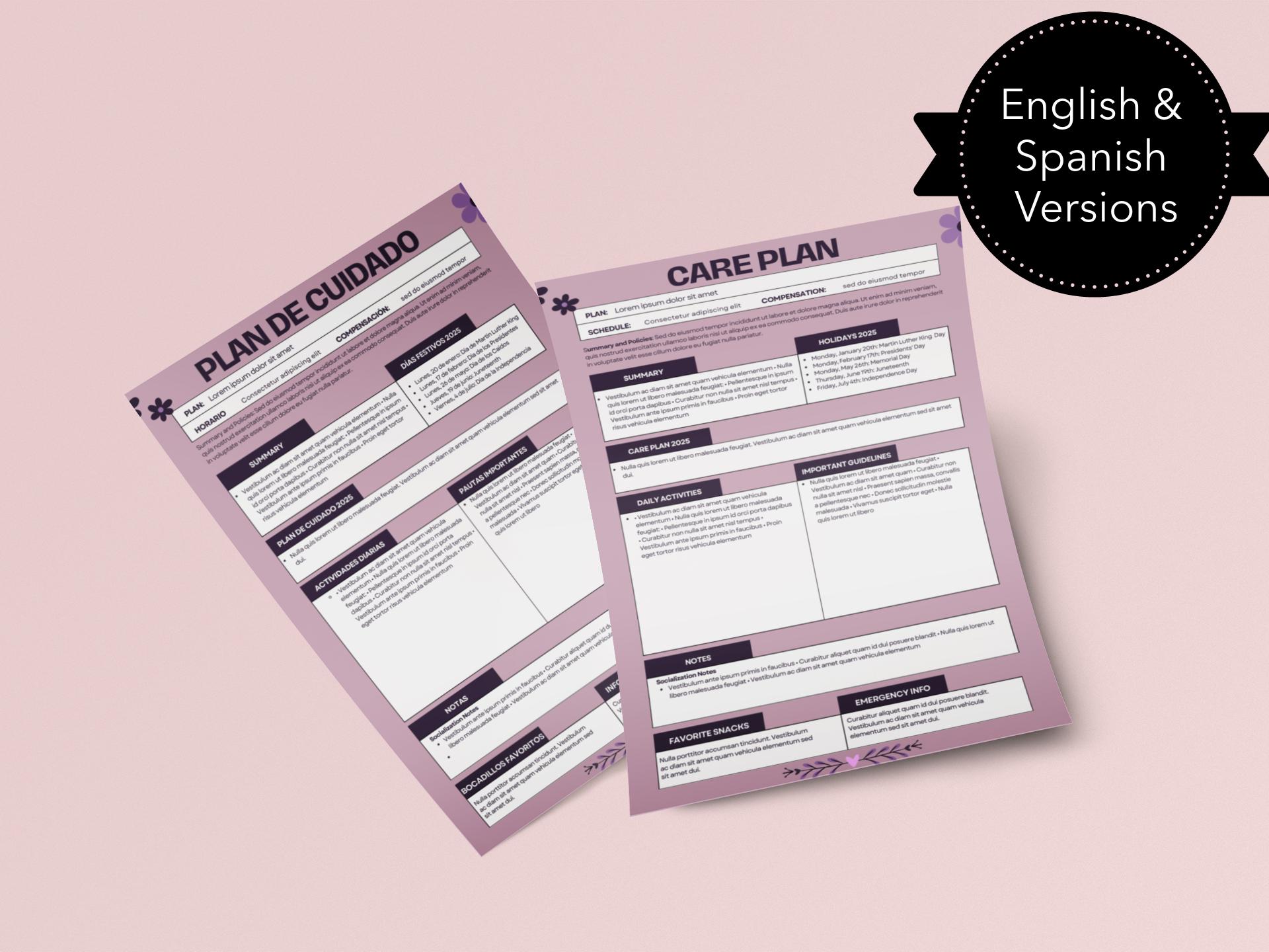 Editable Canva Template Babysitter/nanny CARE PLAN - Single-page ...