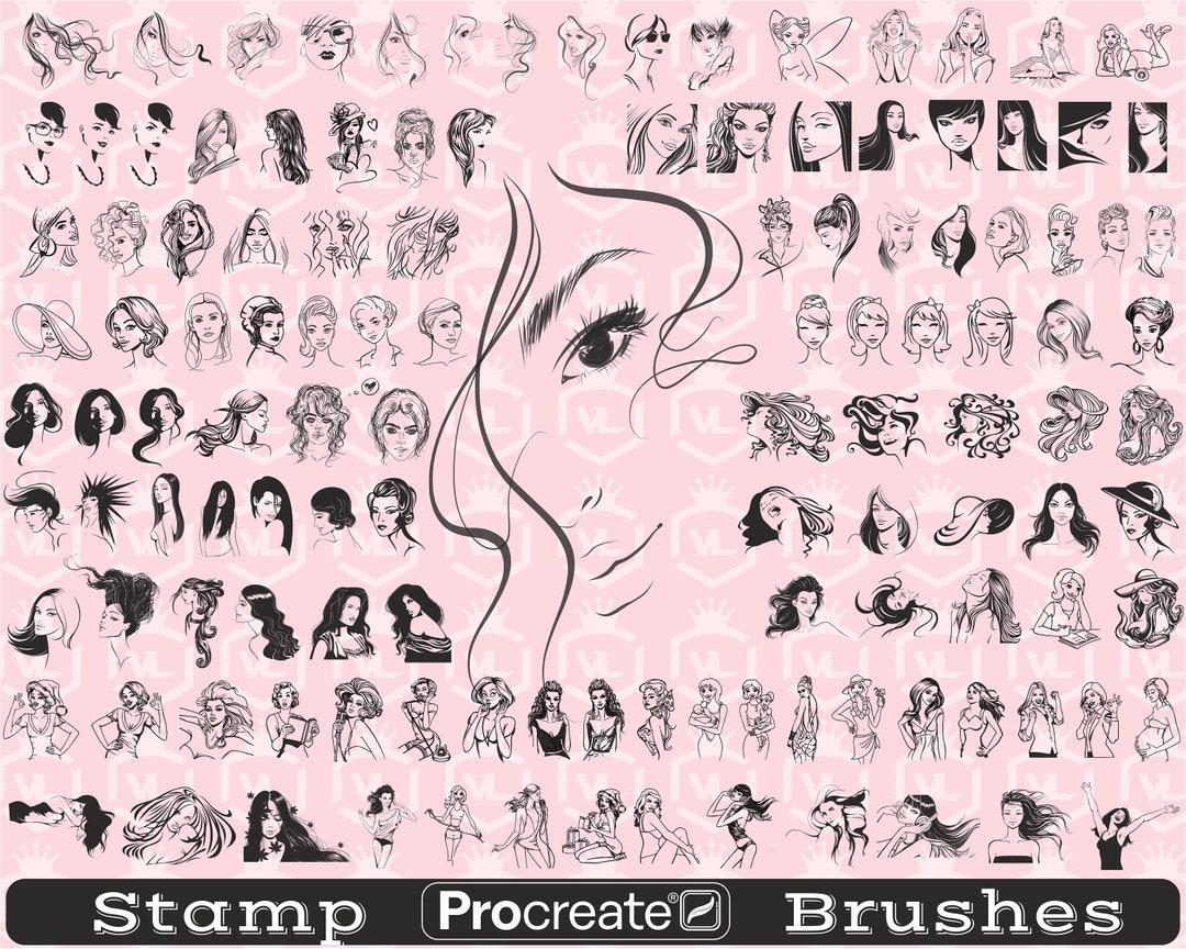 165 Women Face Procreate Stamp Brushes, Outline Female Head Procreate ...
