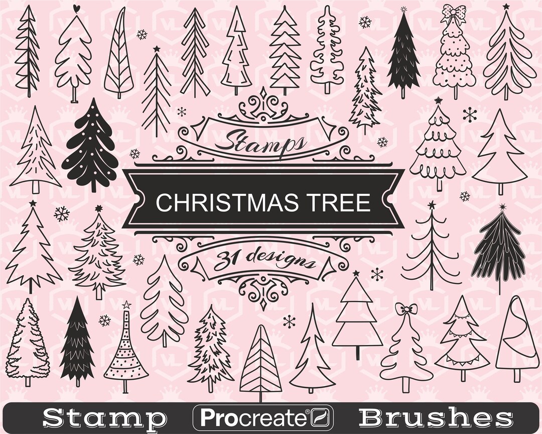 Christmas Tree Procreate Stamp Brushes, Cartoon Doodle Pine & Fir ...