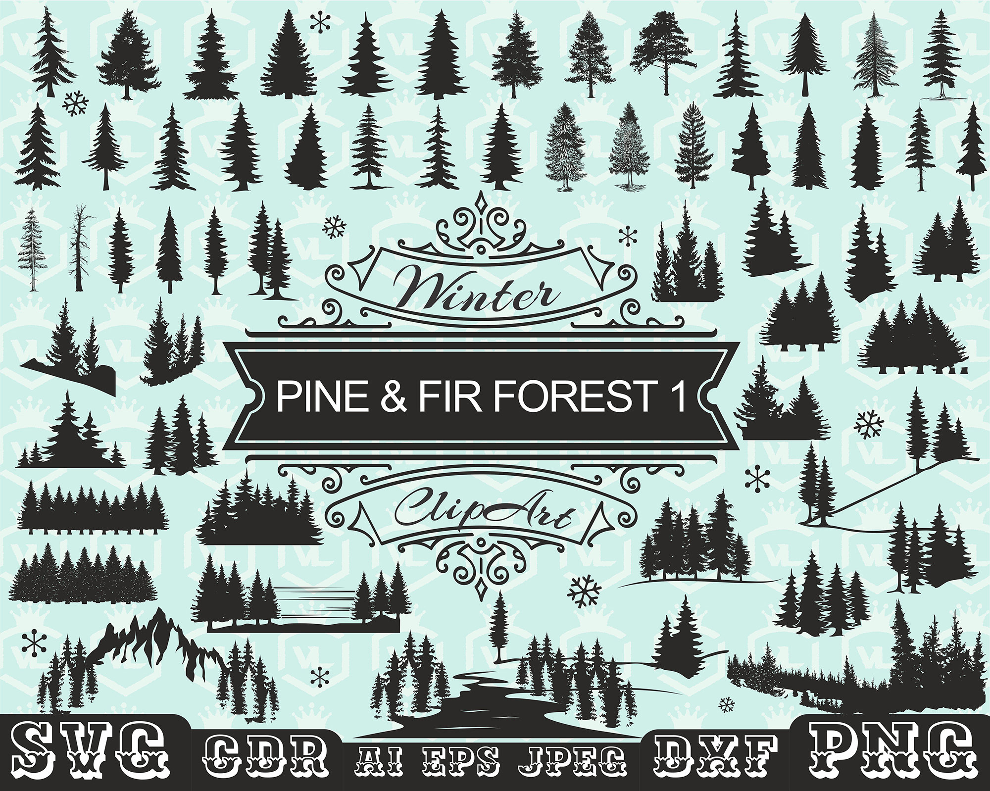 Pine Fir Evergreen Tree Forest Bundle SVG & PNG, Forest Silhouette ...