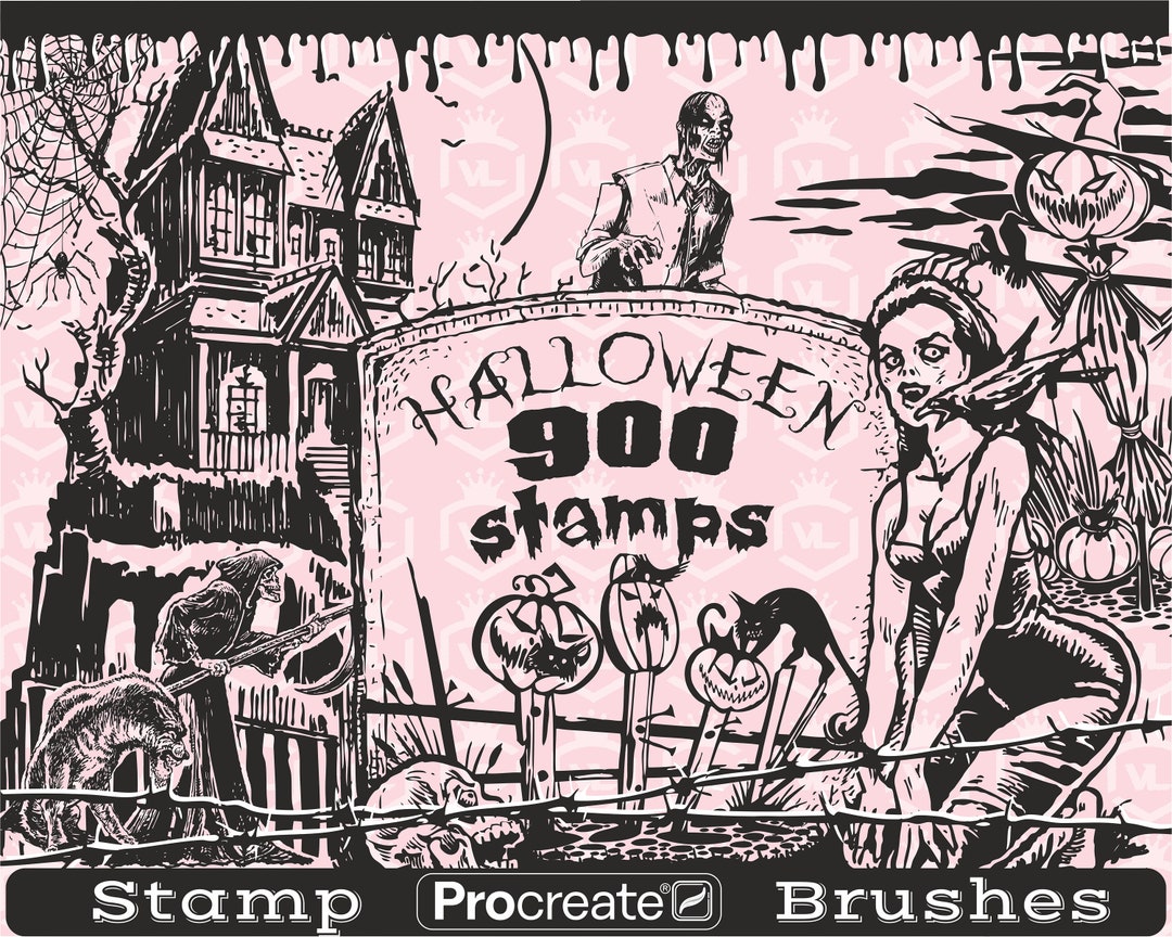 Halloween Procreate Stamp Brushes, Ghosts Pumpkins Bats Ghost Houses ...