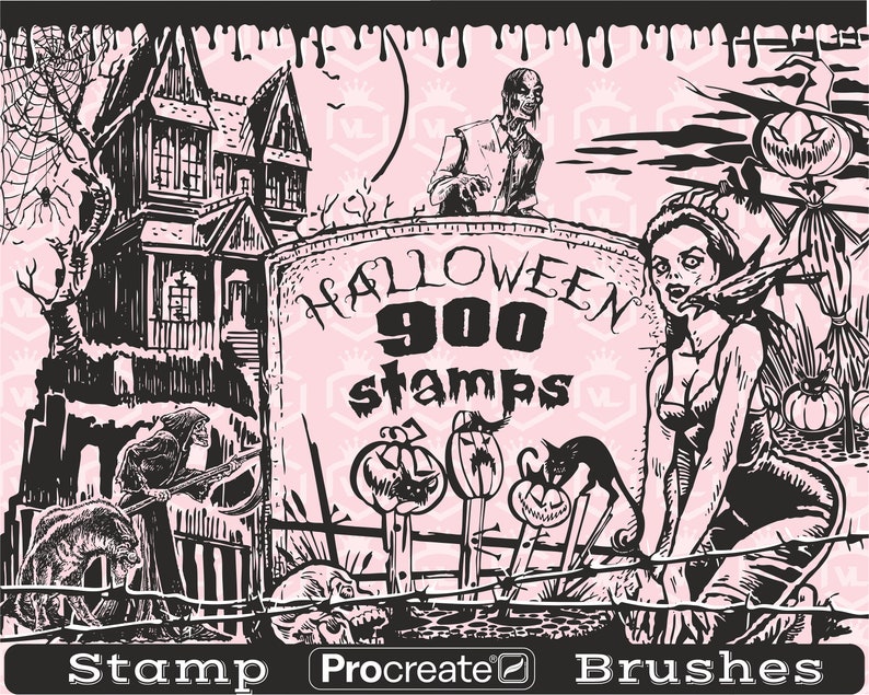 Halloween Procreate Stamp Brushes, Ghosts Pumpkins Bats Ghost Houses ...