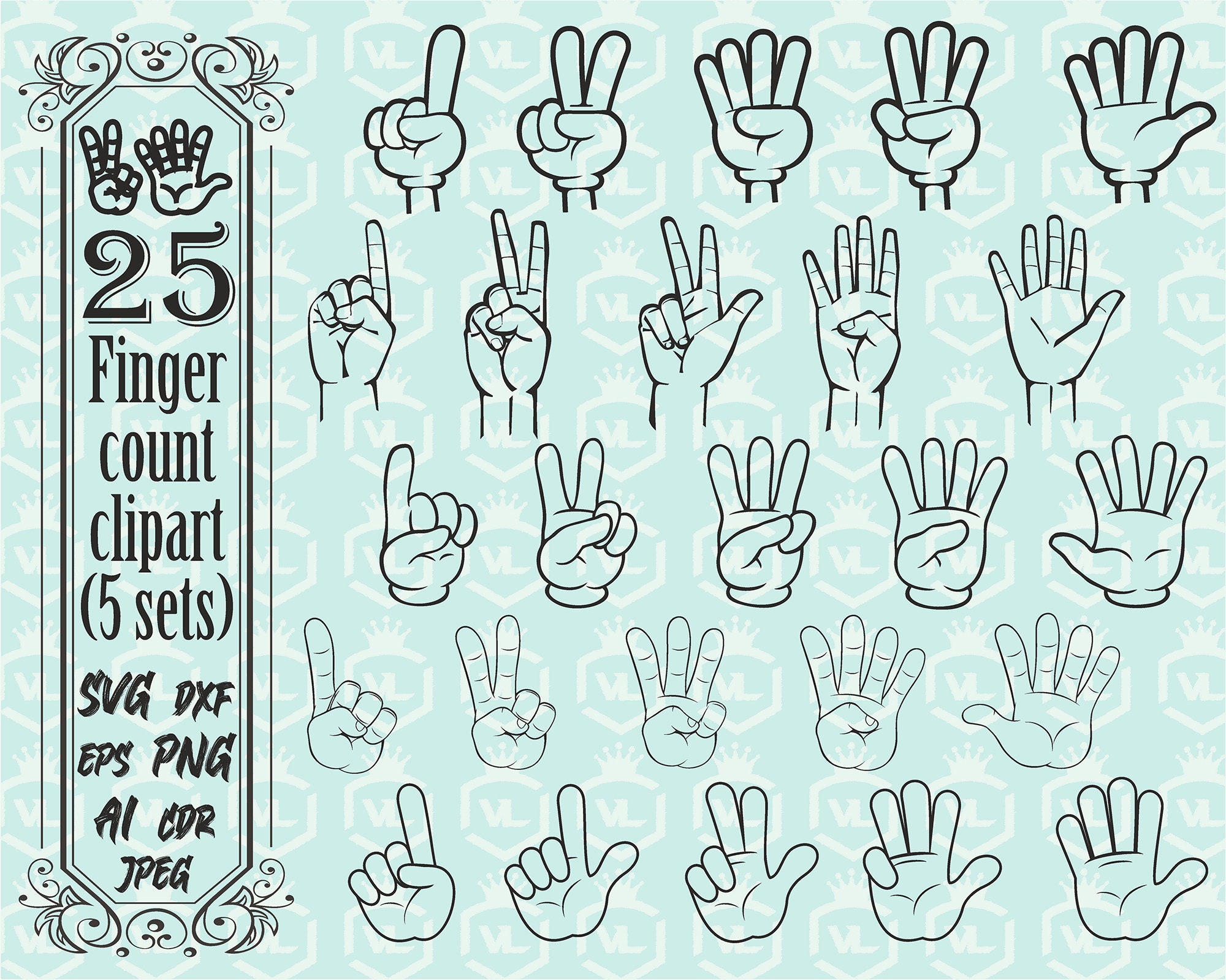 Outline Finger Count Clipart Doodle Hand Drawn Cartoon Hand | Etsy