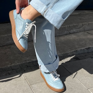 Blue Leather Sneakers Women - Minimalist Casual Shoes, Everyday ...