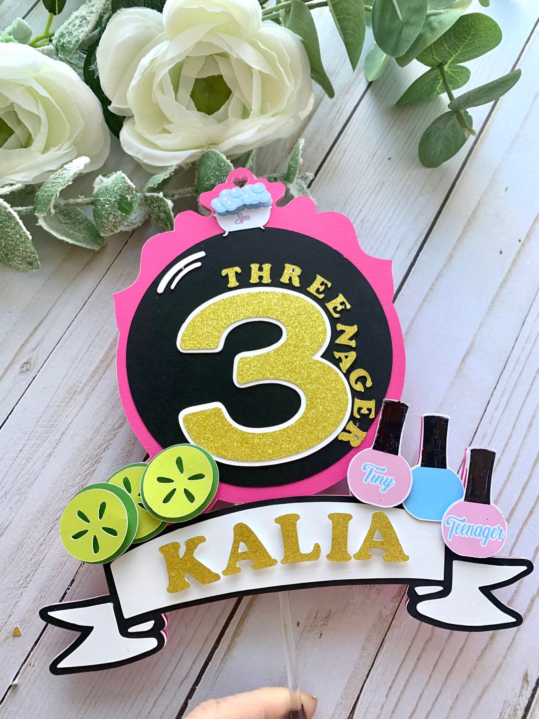 Litte Miss Threenager, Threenager Spa Party Cake Topper, Personalized ...