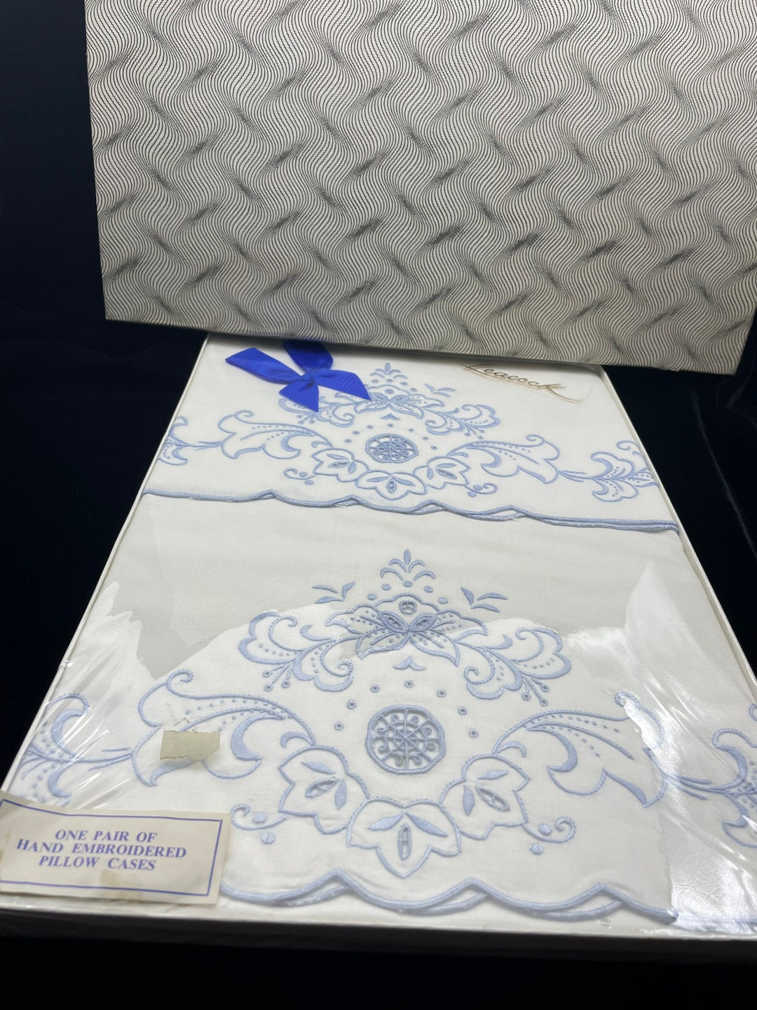 Vintage Hand Embroidered Fancy White and Blue Cotton Pillowcase Pair in ...