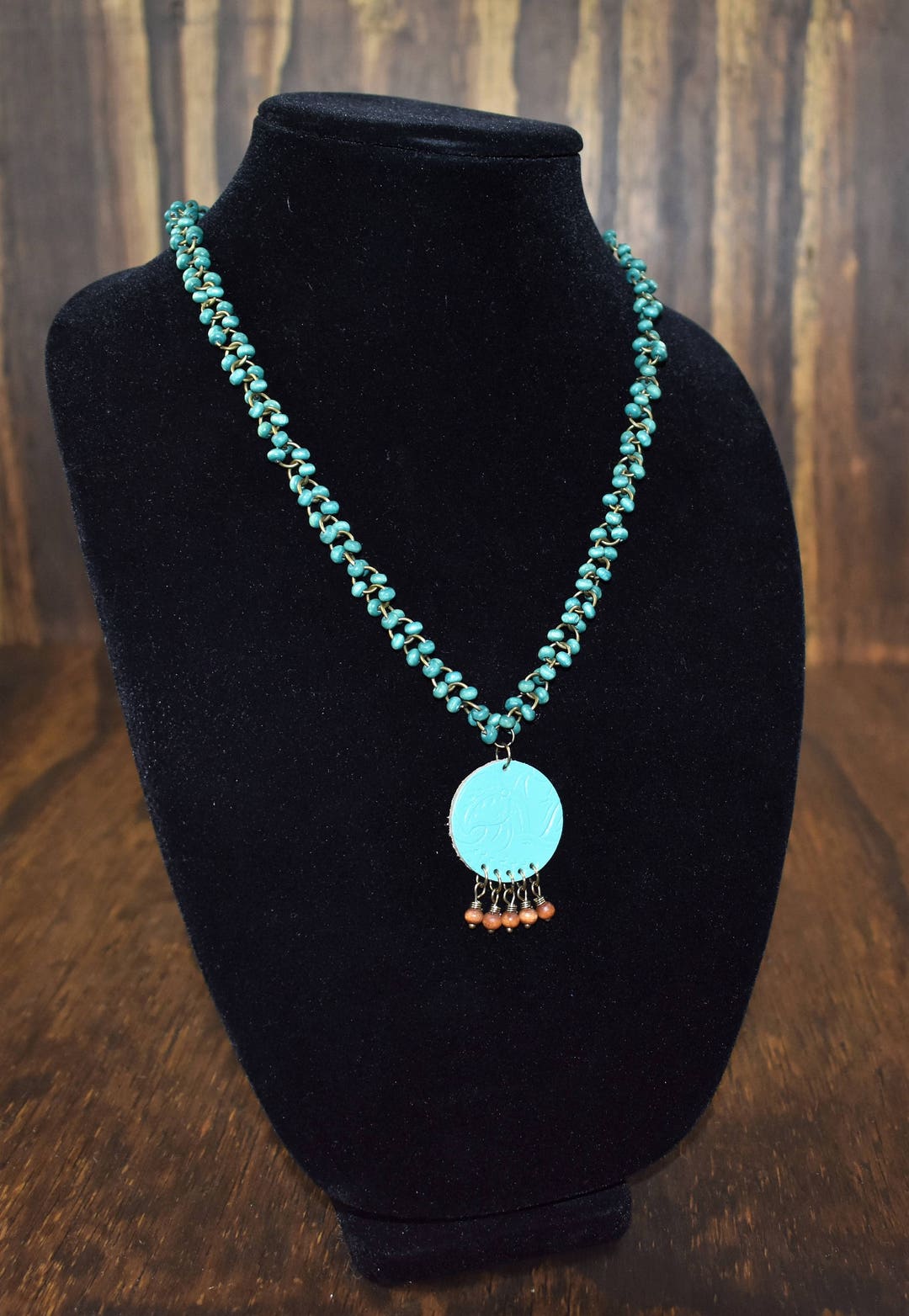 Teal Beaded Necklace With Leather Pendant - Etsy