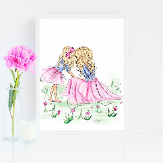 Mother Daughter Illustration Mother And Daughter Drawing Etsy