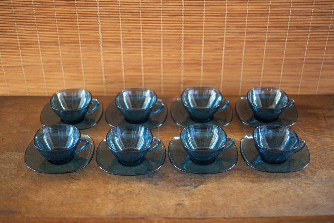 Vintage Coffee Cup Service, Tea Cup Service, Blue Glass, Blue Vereco ...