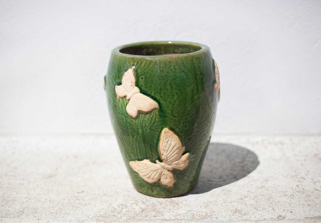 Butterfly Ceramic Pot, Planter, Green Flowerpot, Butterflies, Garden ...