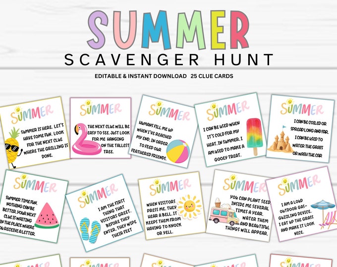 Editable Summer Scavenger Hunt for Kids, Outdoor Treasure Hunt Clues ...
