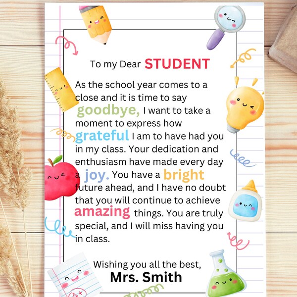 End of School Year Poem Gift From Teacher to Student, End of Year Gift ...