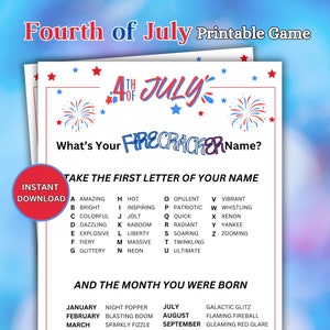 Fourth of July What's Your Firecracker Name Game, Printable Family Game ...