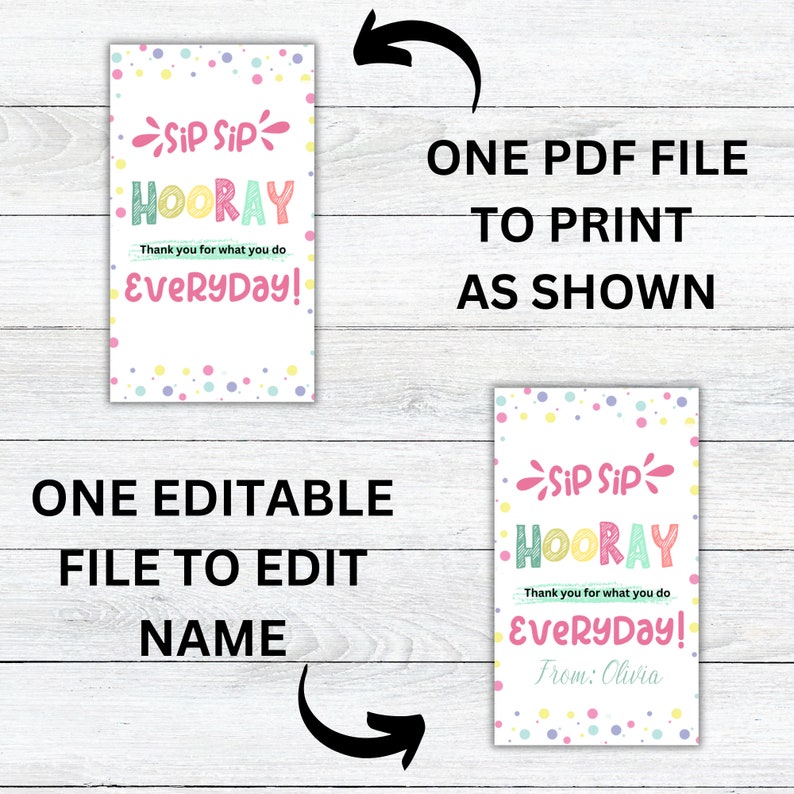 Editable SIP SIP Hooray Teacher Gift Tag, Teacher Appreciation Week ...