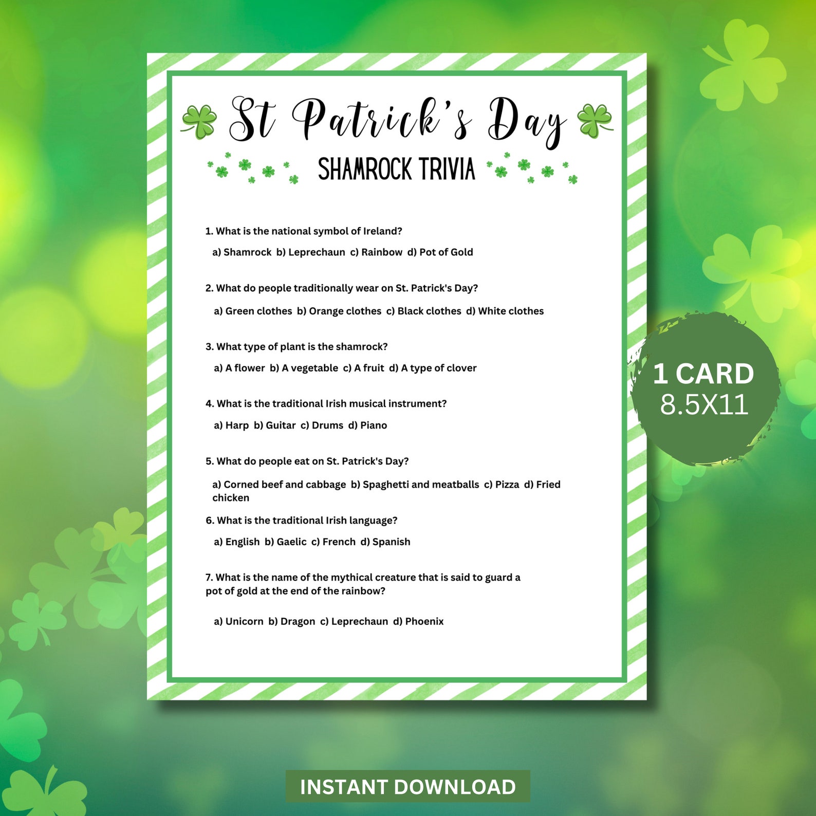 Printable St Patrick's Day Shamrock Trivia Game, St Paddy's Day Game ...