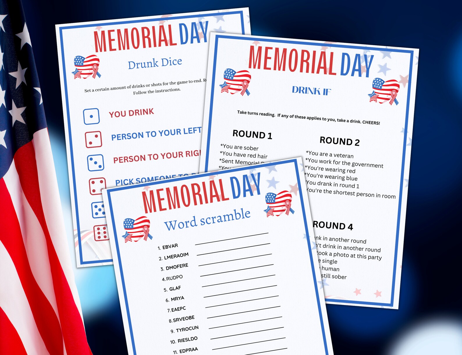Memorial Day Game Bundle, Printable Family Games, Patriotic Party Games ...