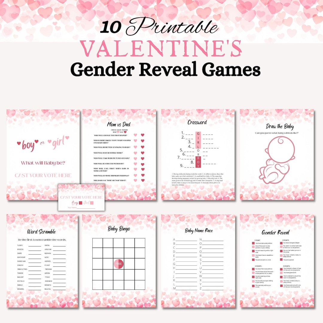 VALENTINE'S Gender Reveal Games, Baby Shower Games, Valentine Hearts ...