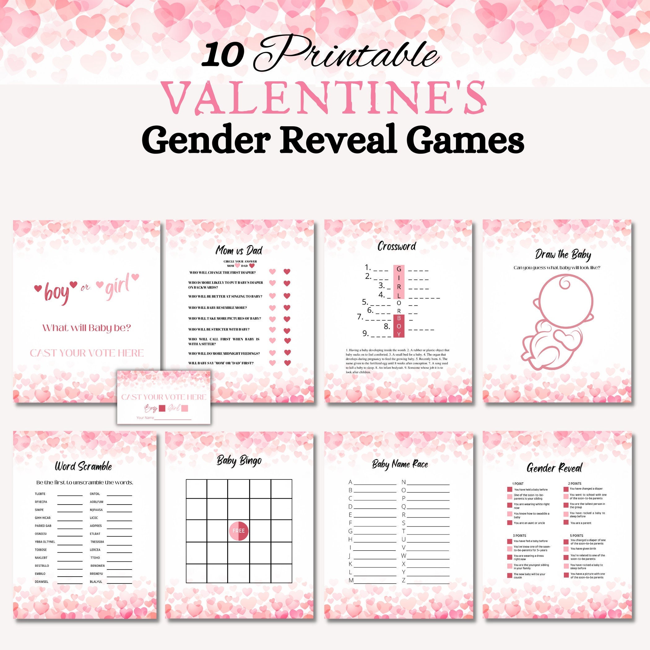 VALENTINE'S Gender Reveal Games, Baby Shower Games, Valentine Hearts ...