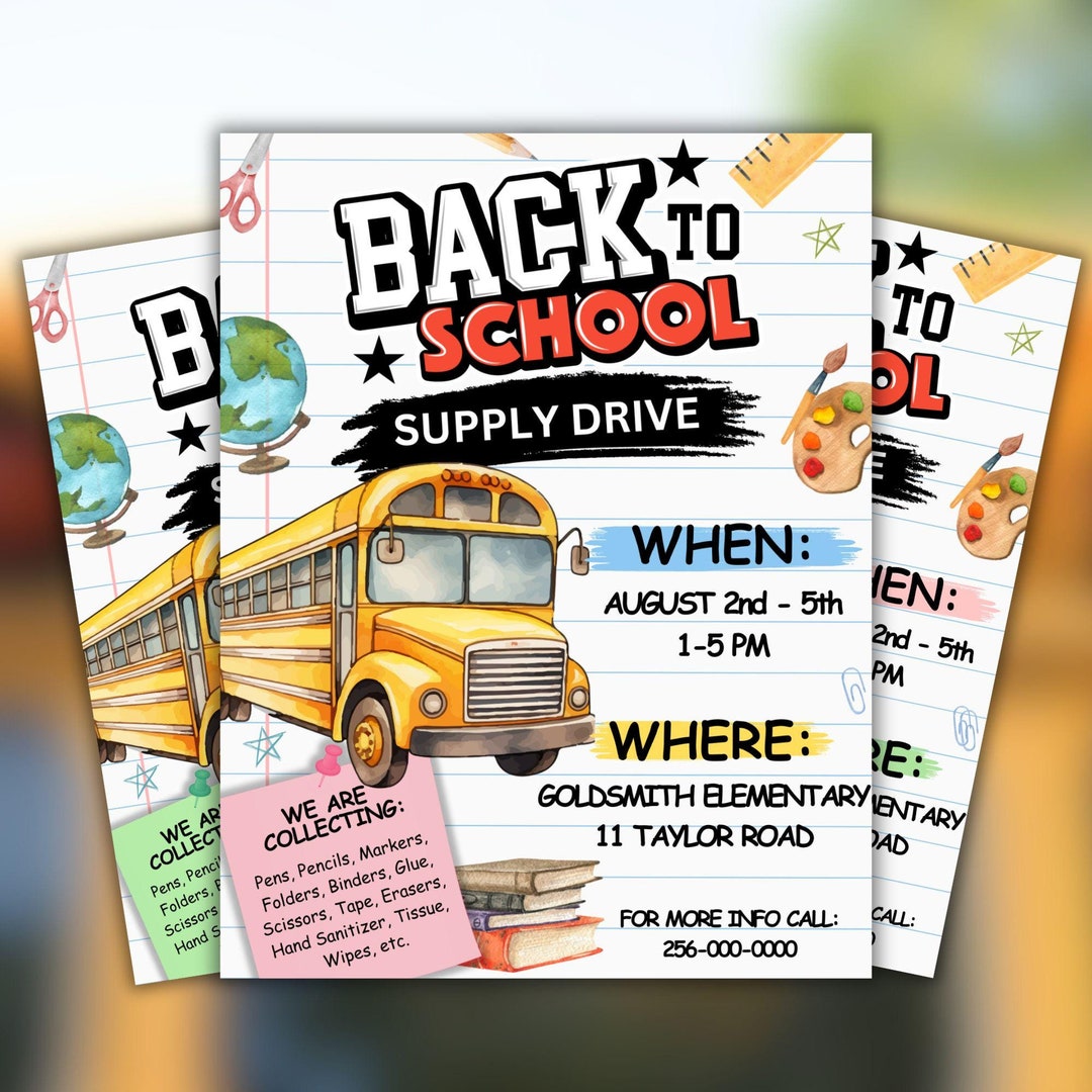 Editable School Supply Drive Flyer Canva Template, Back to School Drive ...