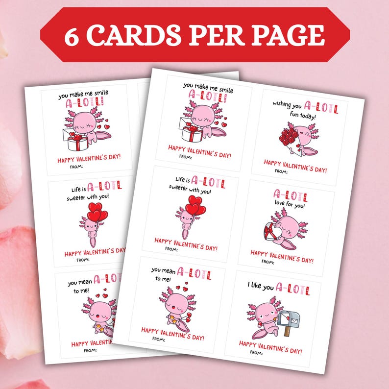 Axolotl Valentine's Printable, Kids Themed Valentine Cards for ...