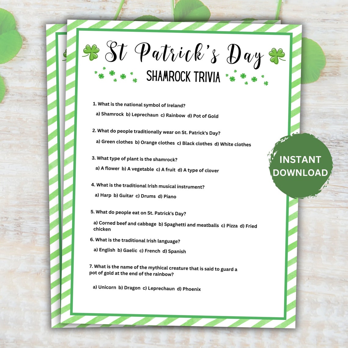 Printable St Patrick's Day Shamrock Trivia Game, St Paddy's Day Game ...