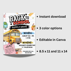 Editable School Supply Drive Flyer Canva Template, Back to School Drive ...