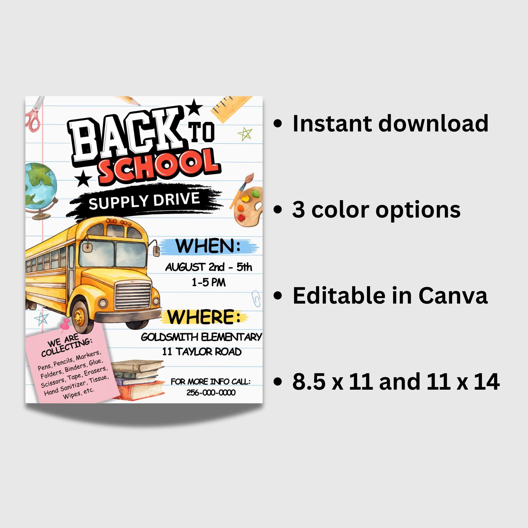 Editable School Supply Drive Flyer Canva Template, Back to School Drive ...