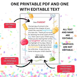 Editable End of School Year Letter to Parent, Last Day of School Gift ...
