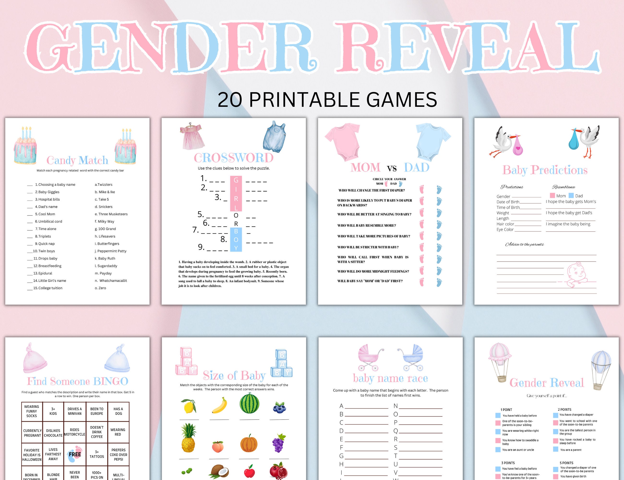 Gender Reveal Party Game Bundle, Gender Reveal Games, Gender Reveal Ideas, Pink and Blue Gender ...