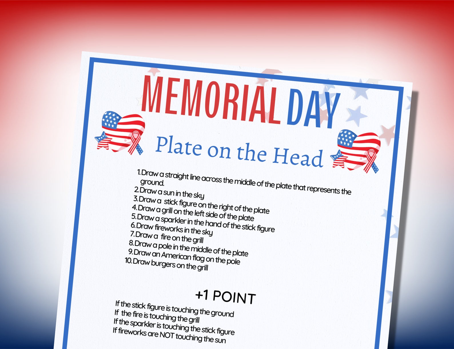 Memorial Day Plate on the Head Game, Printable Family Games, Patriotic ...