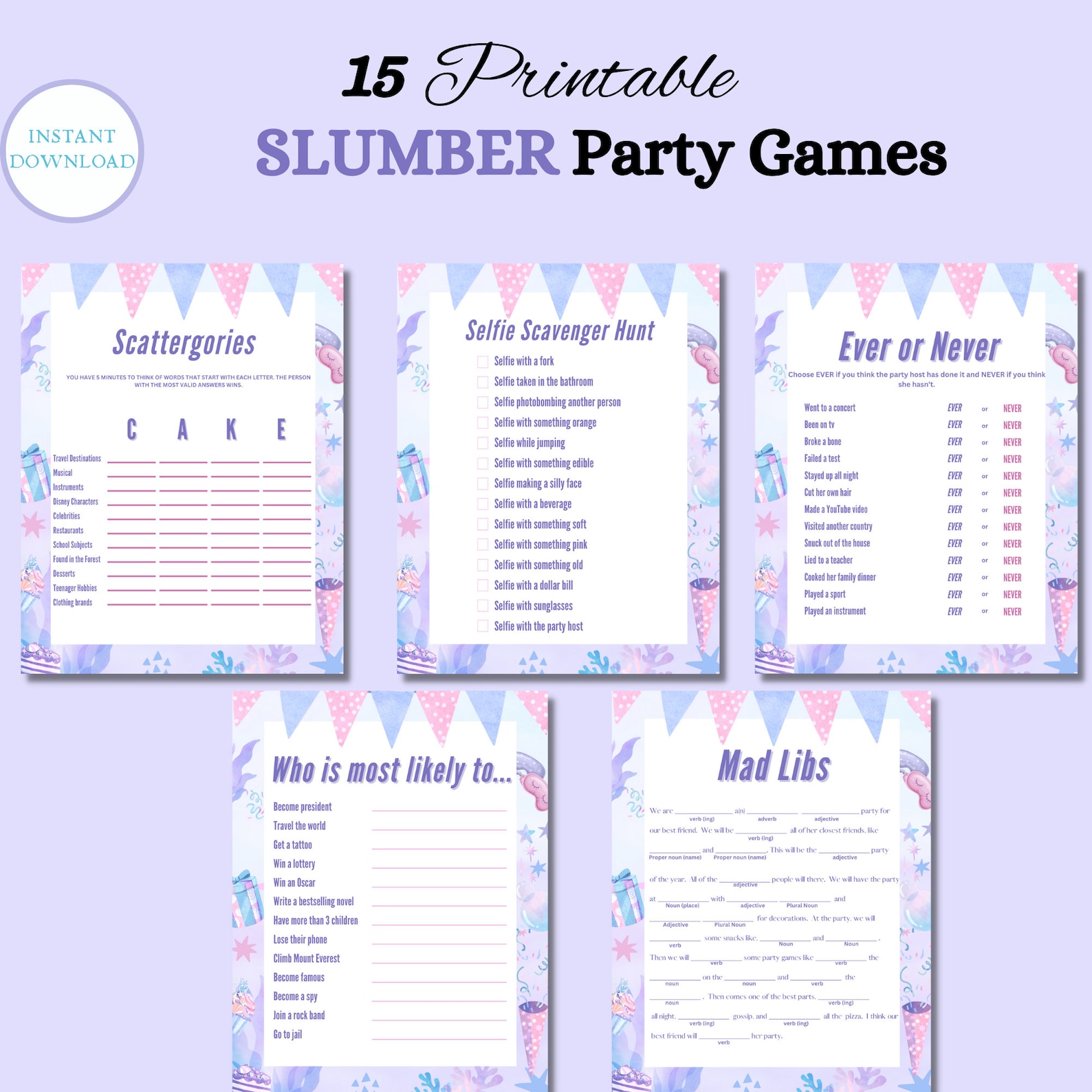 Printable Slumber Party Game Bundle, Party Activities Her, PURPLE Sleep ...