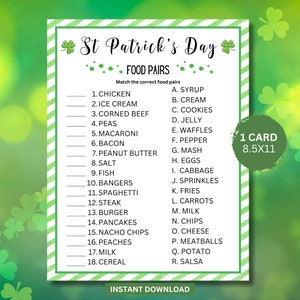 Printable St Patrick's Day Food Pairs Game, St Paddys Day Game Activity ...