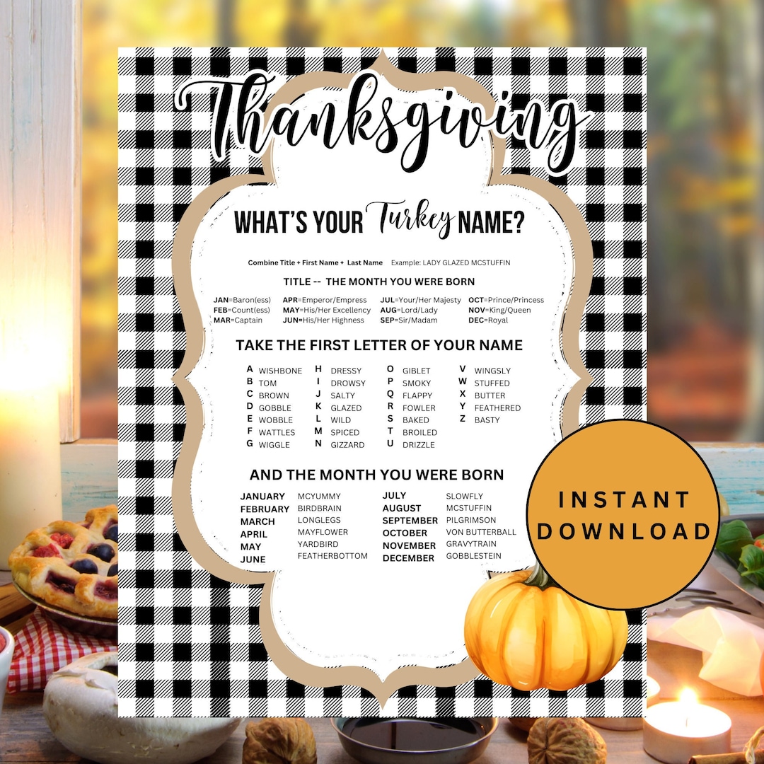 Thanksgiving Game, Thanksgiving Turkey Name Game, Thanksgiving Game for ...