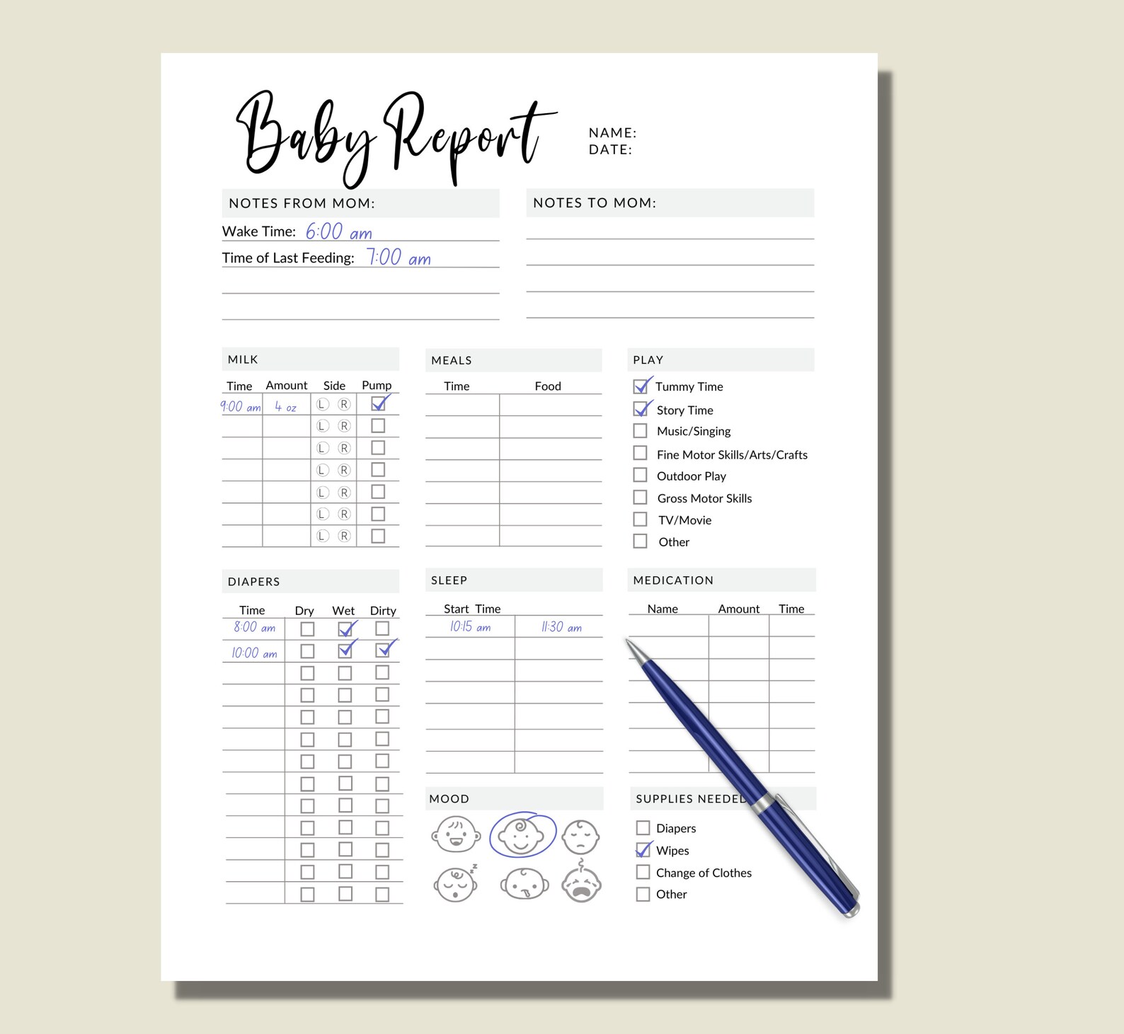 Printable Infant Baby & Nanny Log for Baby's Day. Daily Log for ...