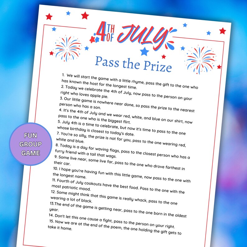 Fourth of July Pass the Prize Game, Printable Family Game, Patriotic ...