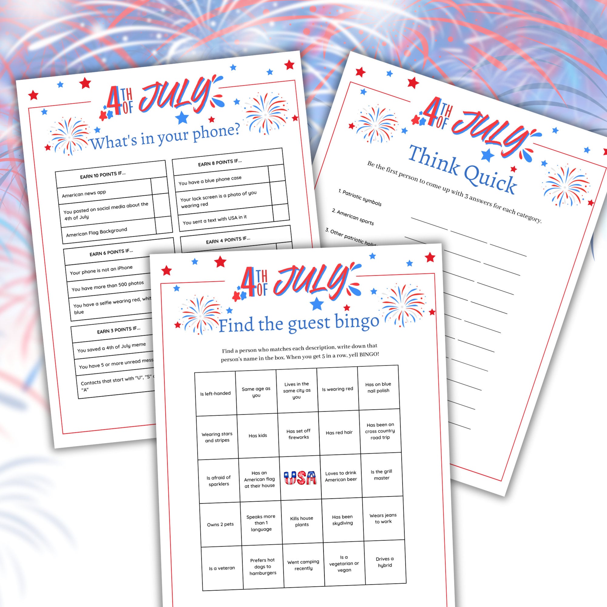 Fourth of July Game Bundle, Printable Family Games, Patriotic Party ...