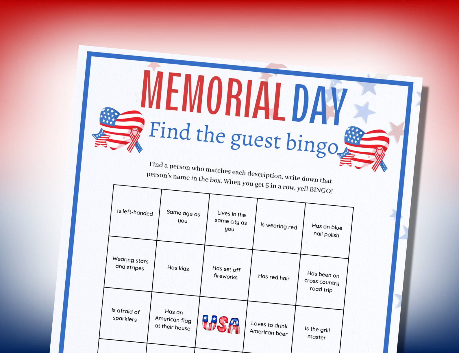 Memorial Day Bingo Game Printable Family Games Patriotic - Etsy