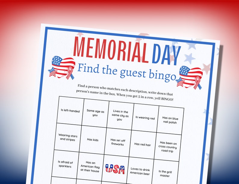 Memorial Day Bingo Game Printable Family Games Patriotic - Etsy
