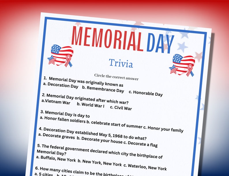 Memorial Day Trivia Game Printable Family Games Patriotic - Etsy