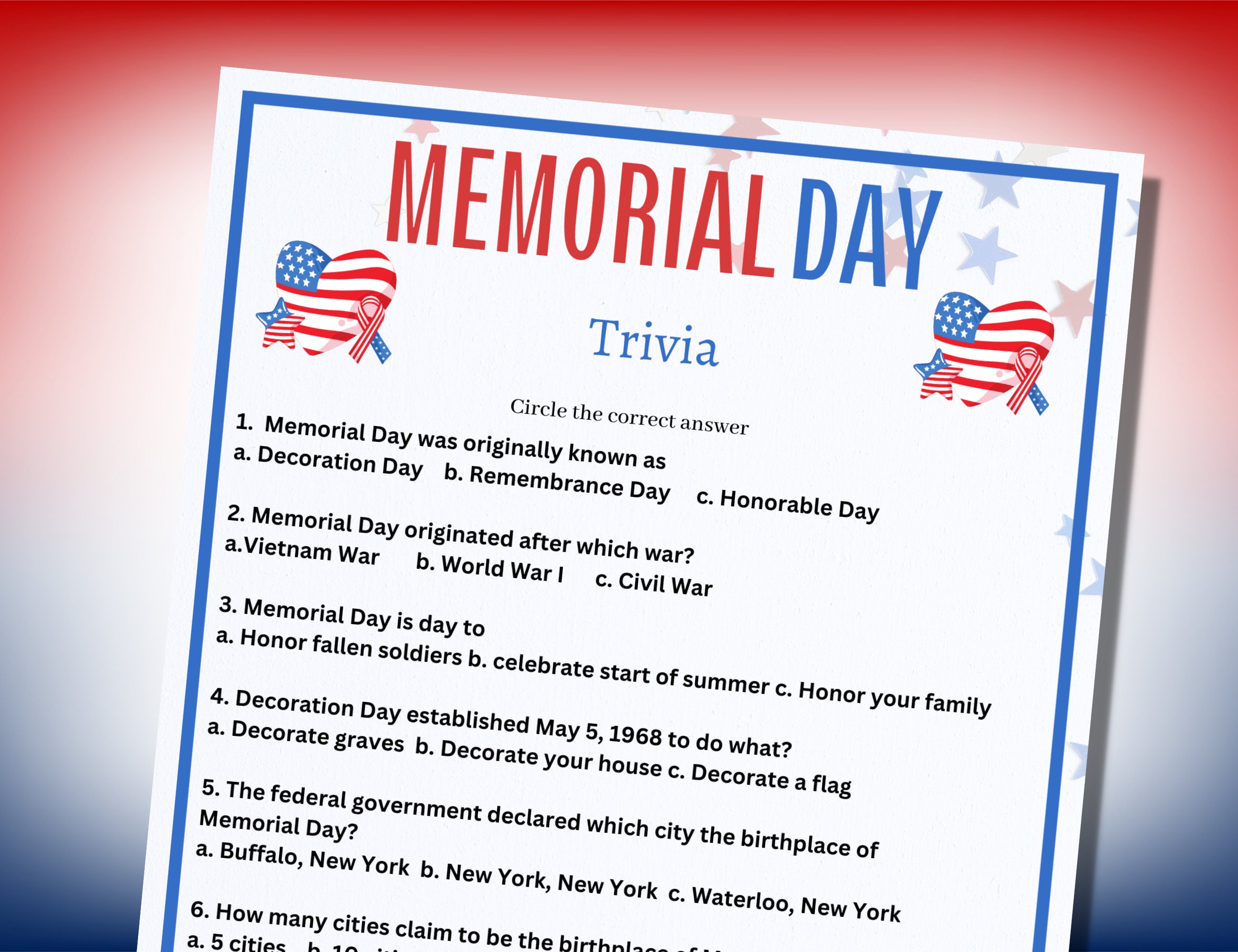Memorial Day Trivia Game, Printable Family Games, Patriotic Party Games ...
