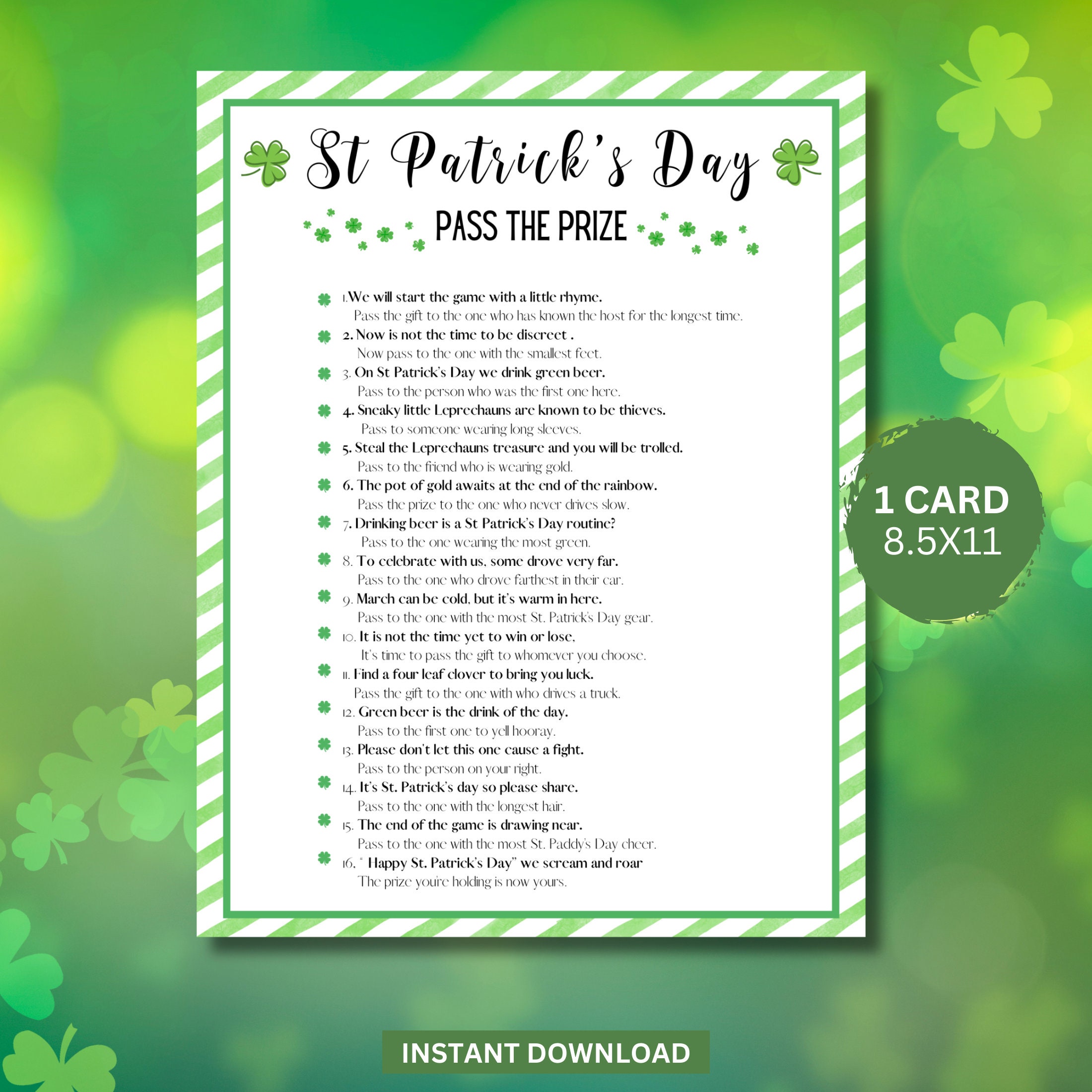 Printable St Patrick's Day Pass the Prize Game, St Paddy's Day Game ...