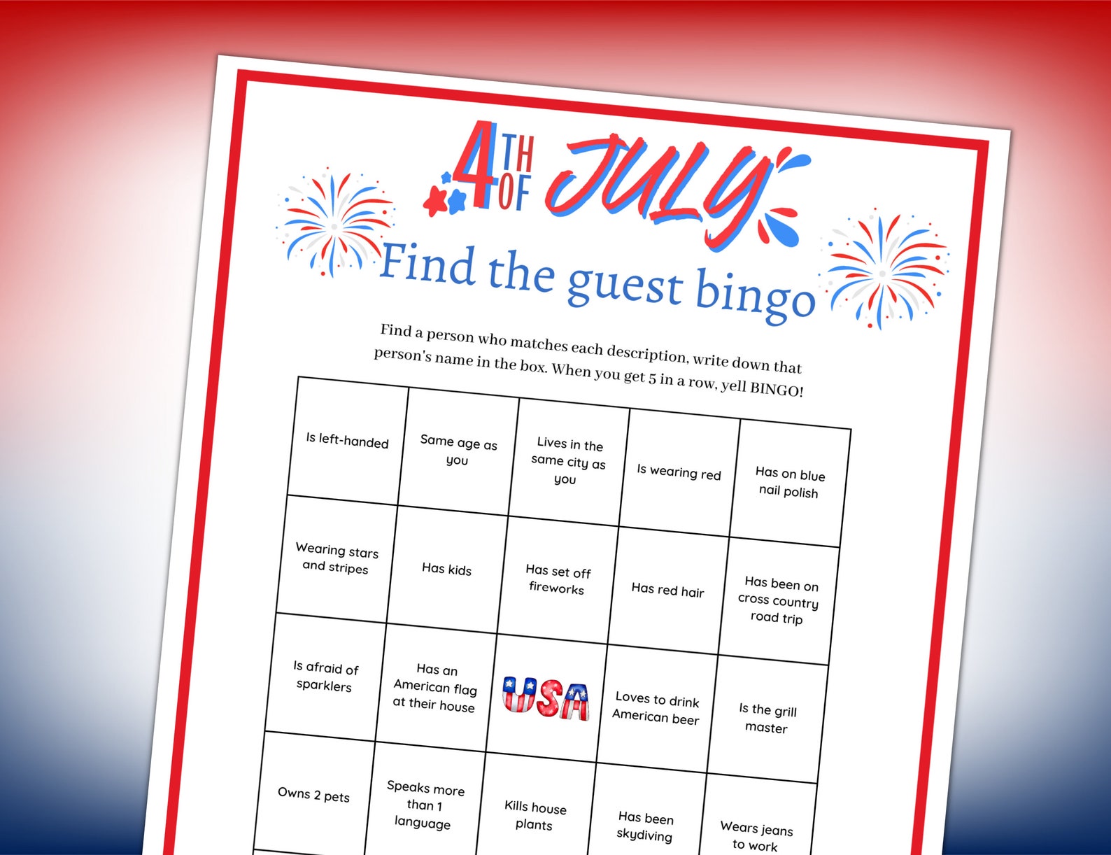 Fourth of July Find the Person Bingo Game, Printable Family Games ...